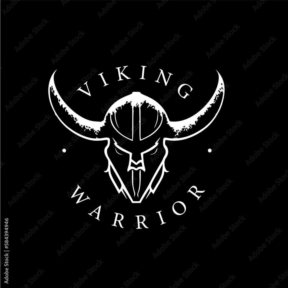 Nordic man head in helmet with horns emblem, Viking logo template ...