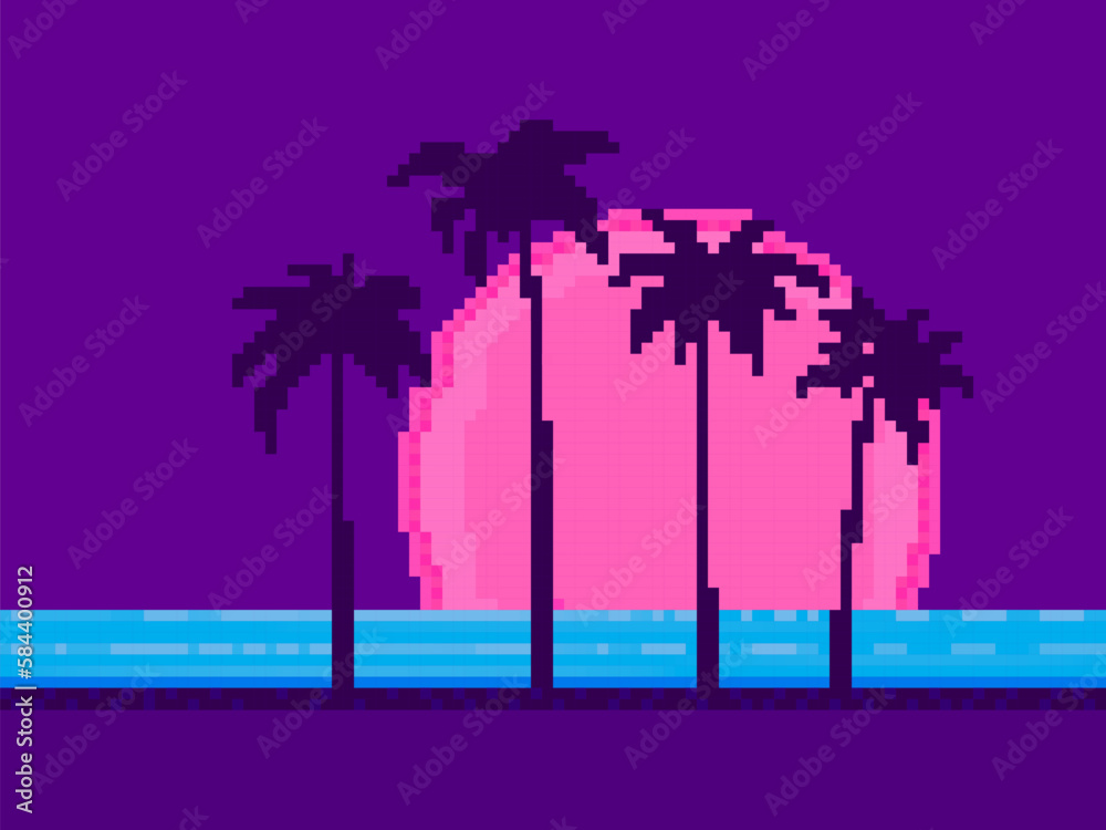 Palm trees at sunset in pixel art style. 8 bit landscape of palm trees ...
