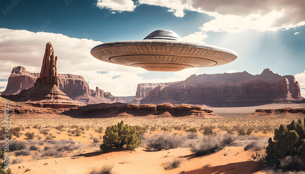 Alien UFO spaceship fly above Grand Canyon, Arizona desert USA, Zone 51 ...