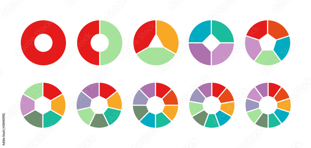 set of colored pie charts for 1,2,3,4,5,6,7,8,9,10 steps or sections to ...