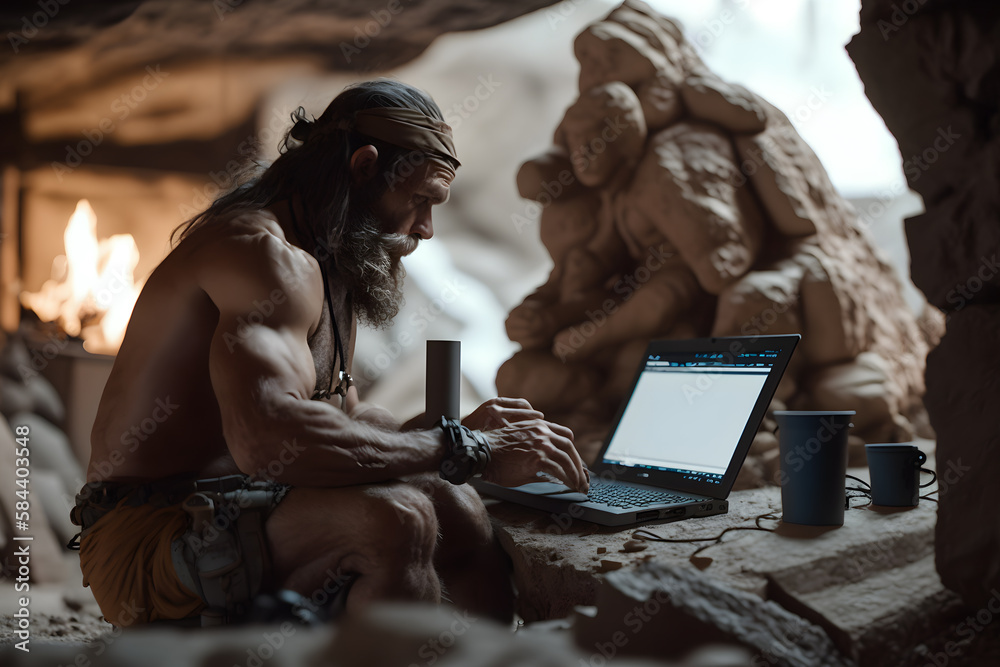 Neanderthal man or homo sapiens use computer laptop browsing internet ...