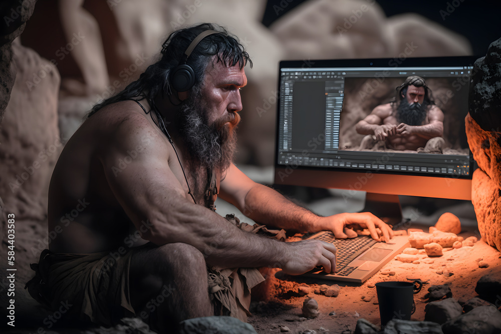 Neanderthal man or homo sapiens use computer laptop browsing internet ...