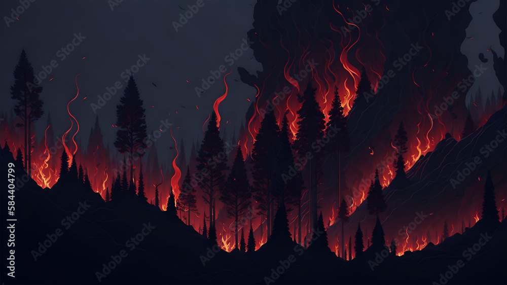 Wildfire, forest burning, 4k digital painting. Illustration of trees ...