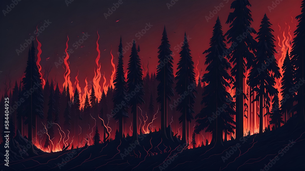 Wildfire, forest burning, 4k digital painting. Illustration of trees ...