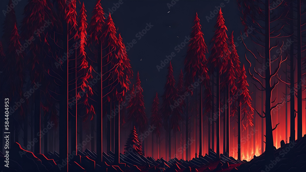 Wildfire, forest burning, 4k digital painting. Illustration of trees ...