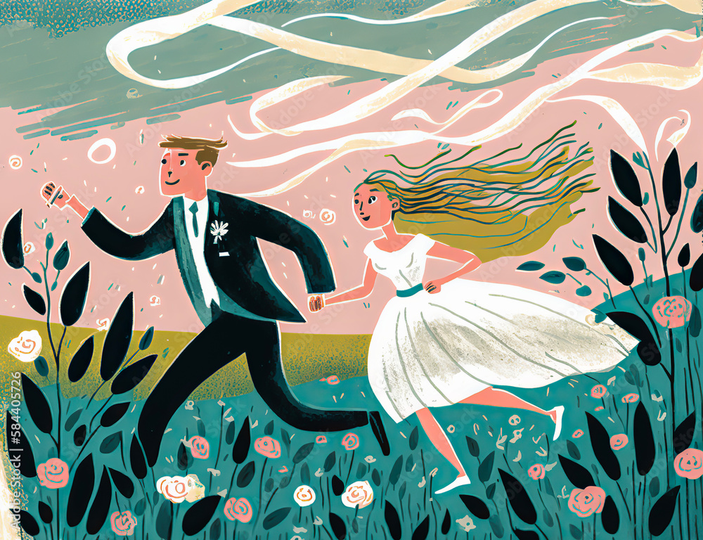 A bride and groom run through a field of flowers. This image suggests ...