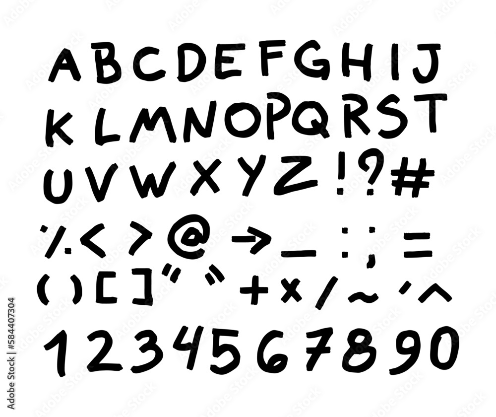 Vector handmade alphabet. Letters and numbers with irregular shapes ...