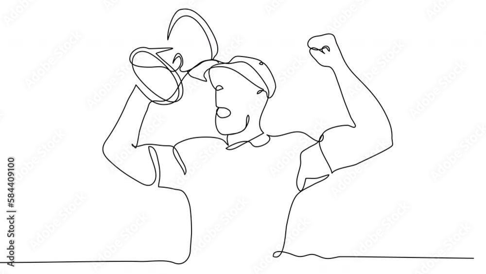 Self-drawing screaming winner with one line golden cup on white screen ...