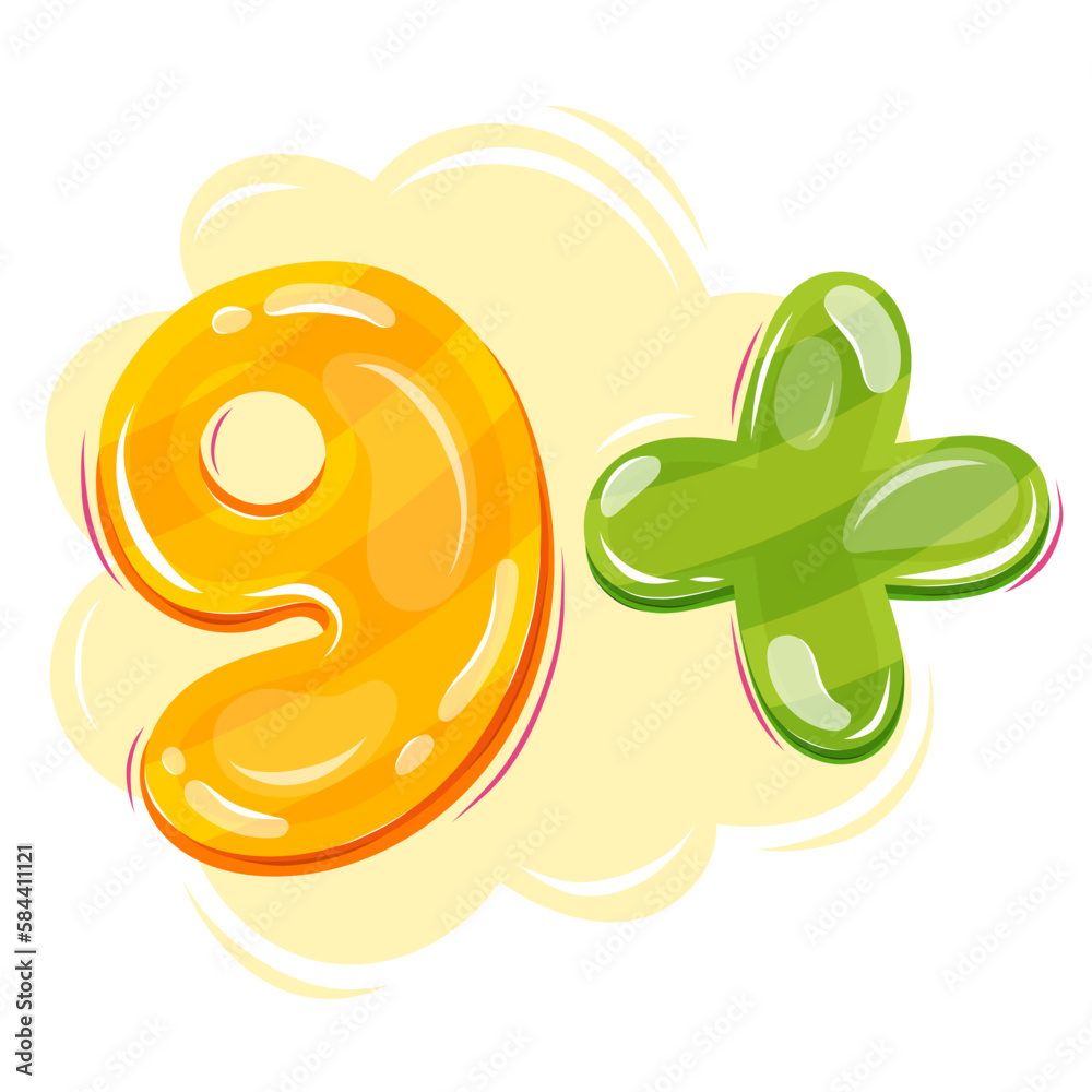 Set of kids age limits sign. 9+ . Colourful numbers, abstract shapes ...