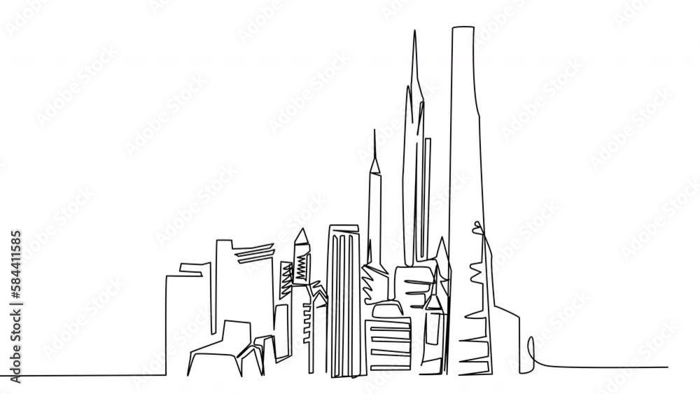Self-drawing of a large metropolis with one line on a white screen. The ...