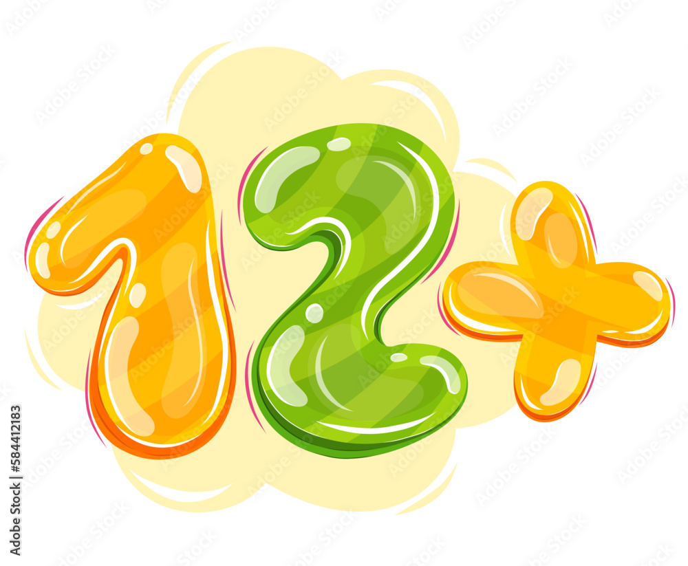 Set of kids age limits sign. 12+ . Colourful numbers, abstract shapes ...