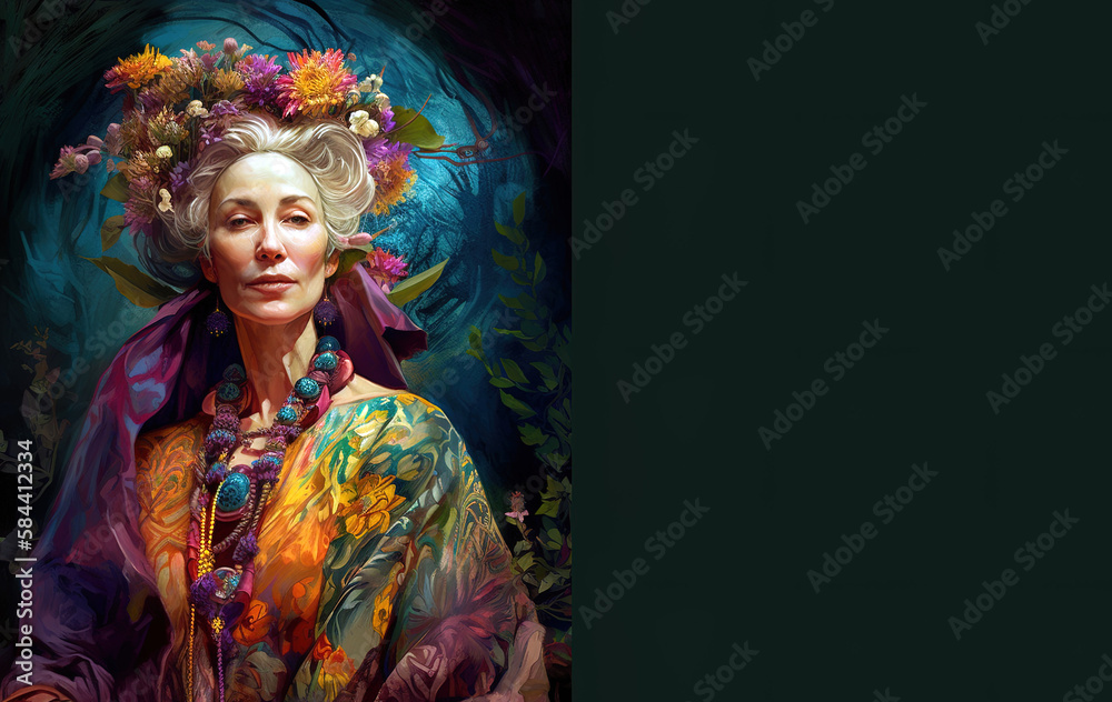 Shaman, goddess of Earth and Motherhood, copy space, deep connection to ...