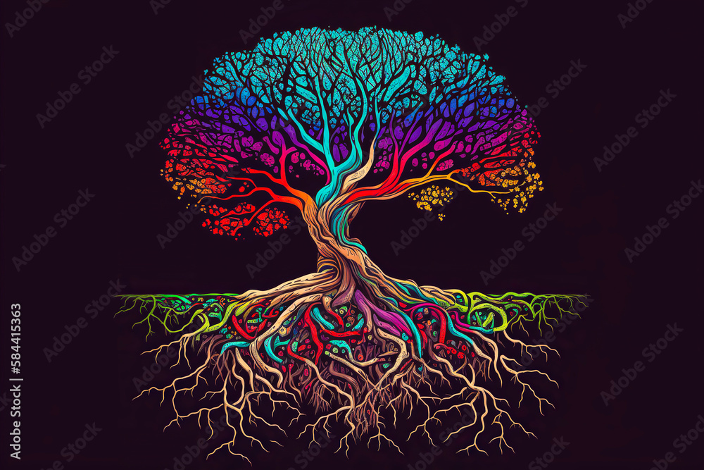 Colorful abstract image of a tree with deep roots and tall branches ...