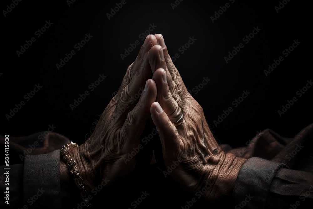Praying hands with faith in religion and belief in God on dark ...