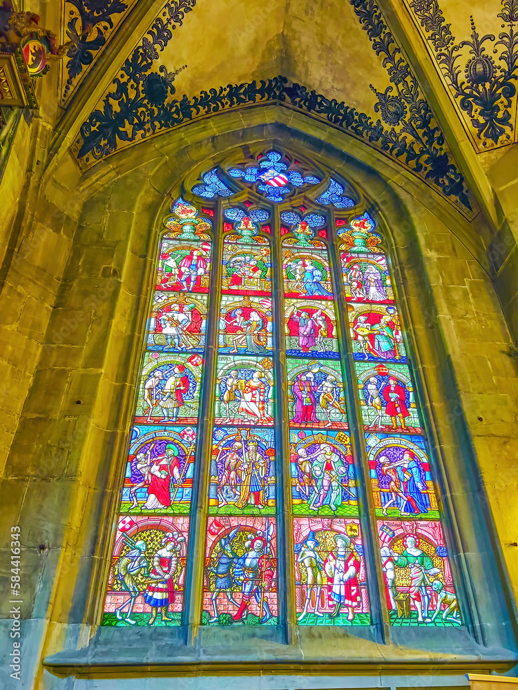 Colorful stained glass windows with Dance of Death scenes, Bern Minster ...