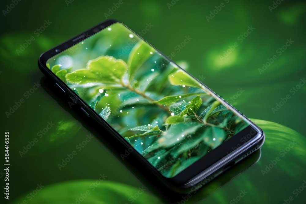 Cell phone illustration with greenery on screen, green background ...
