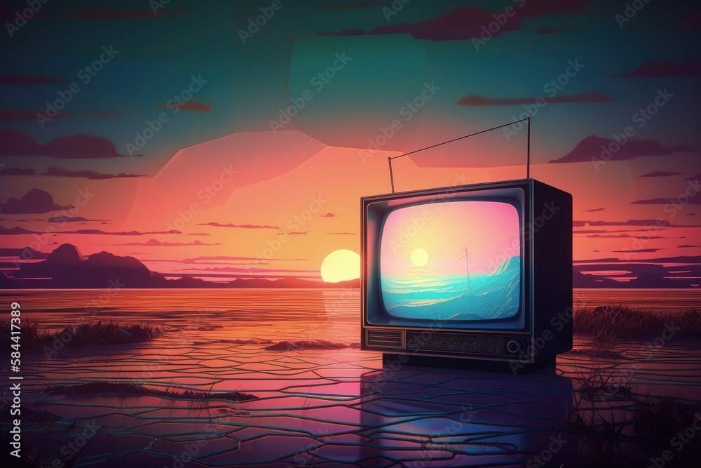 Illustration of old tv and landscape in the background, retro 80s and ...