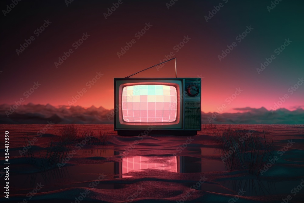 Illustration of old tv and landscape in the background, retro 80s and ...