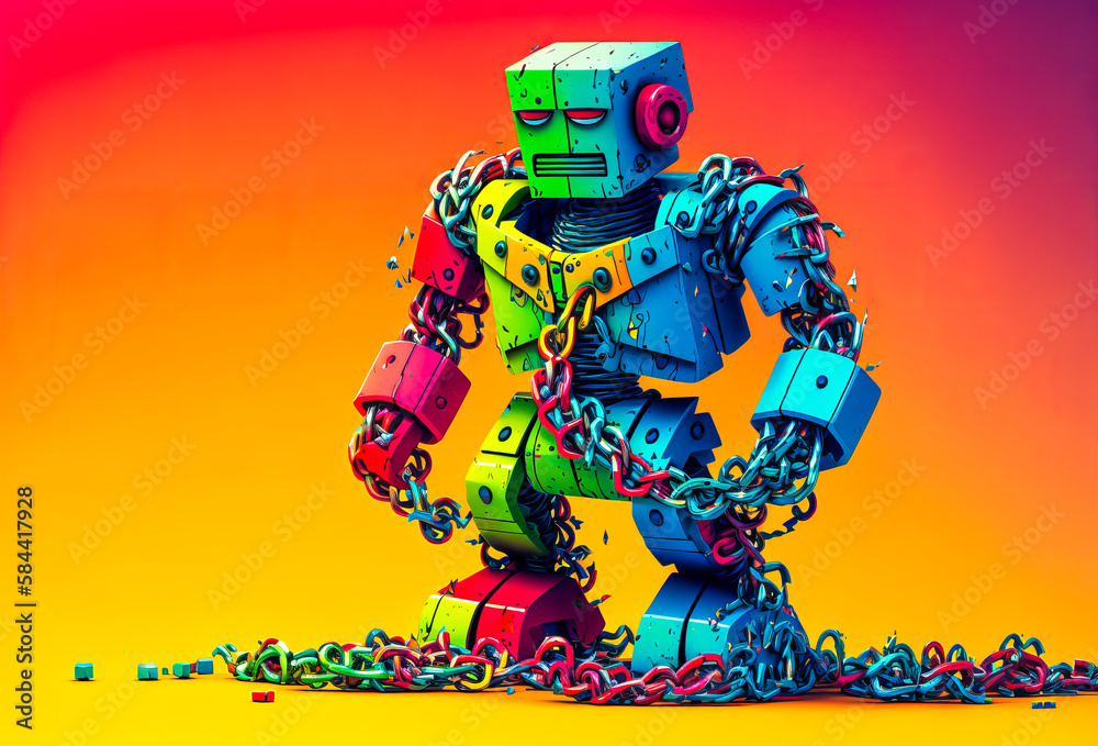 Image of a determined robot standing over a broken chain, symbolizing ...