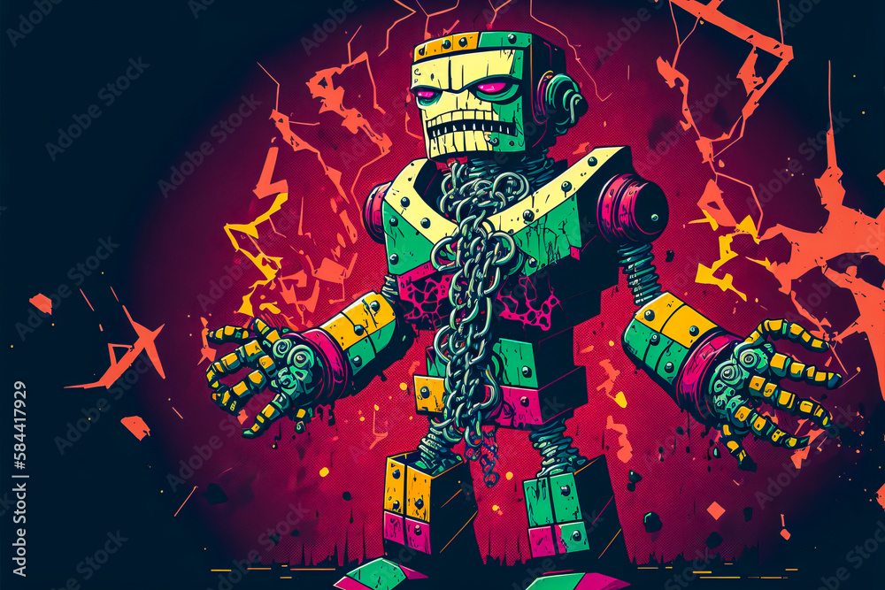 Colorful image of a determined robot facing a broken chain. Represents ...