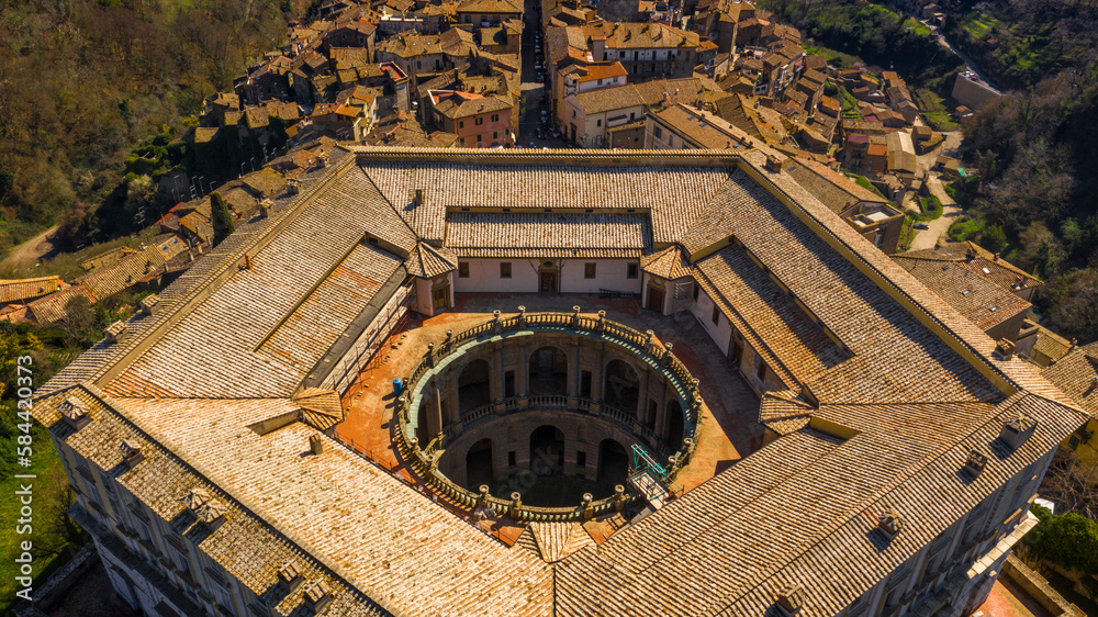 Aerial view of the Villa Farnese, a pentagonal mansion in Caprarola ...