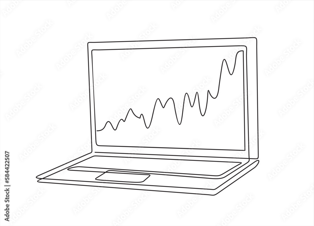 Graph growth indicators on laptop screen in one continuous line hand ...