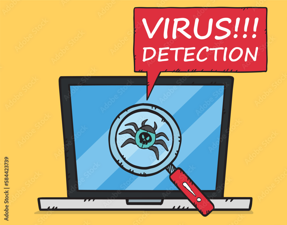 Vector illustration of a magnifying glass detecting a computer virus on a laptop screen. A ...