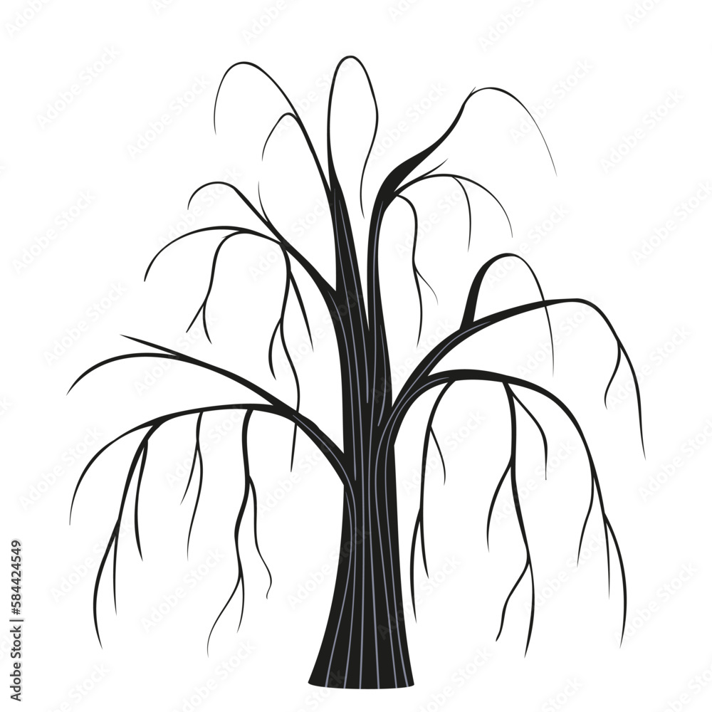 Black silhouette of an old willow tree without leaves with decor ...