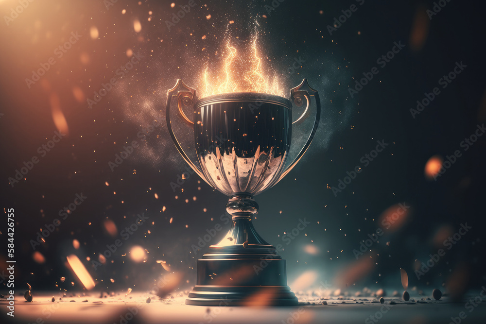Golden champion trophy cup winner on blur bokeh dark lights background ...