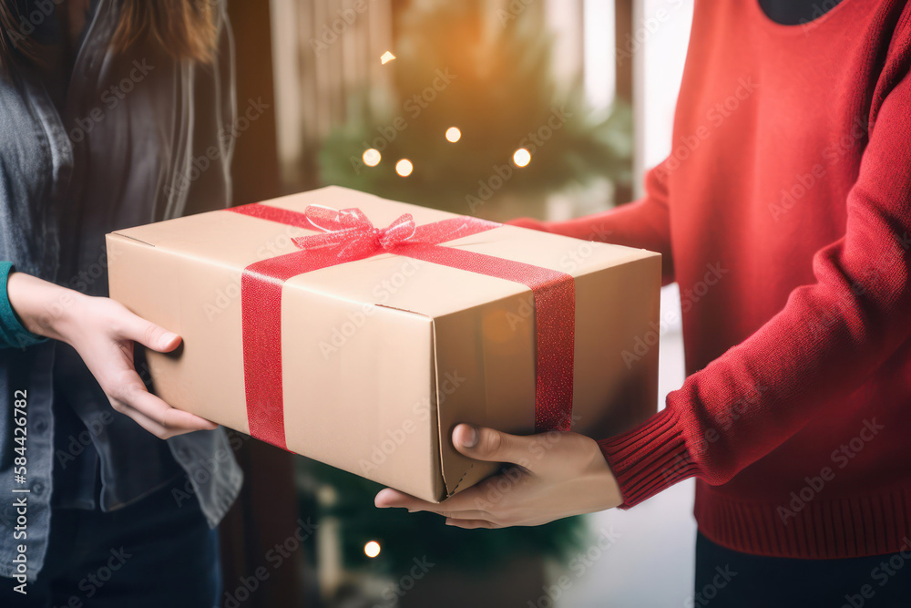 A man's hand gives an empty recycled paper cardboard box shopping for a ...