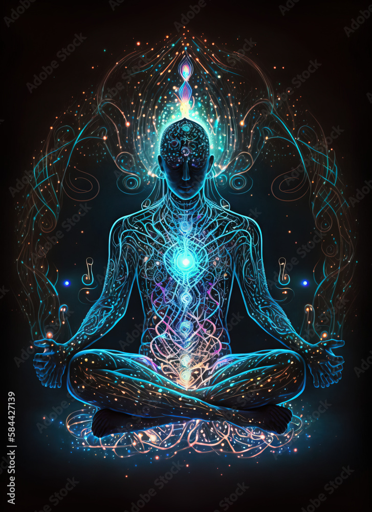 Luminescent abstract human meditating in a sitting pose. Energy ...