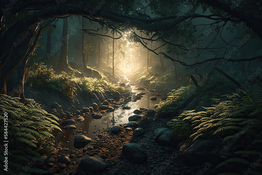 Dark rainforest sun rays through trees with dense fog digital ...