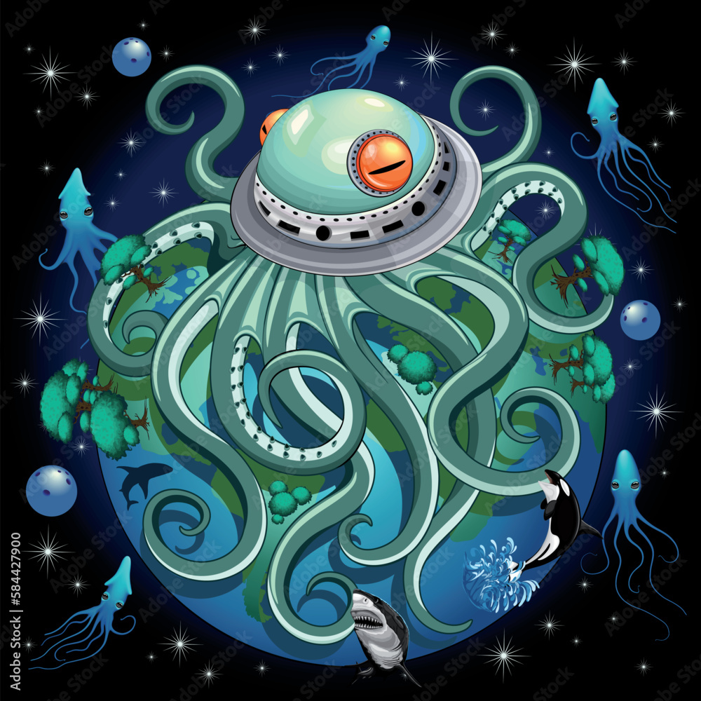 Octopus Alien Spaceship Fantasy Creature floating in Surreal Space ...