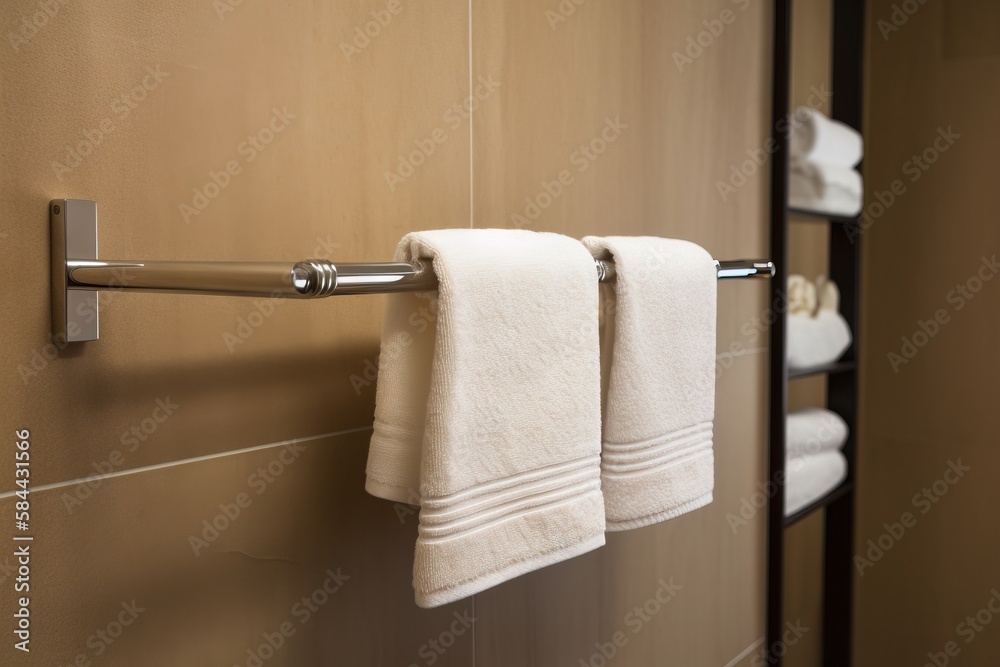 towels hanging on a towel rack in a hotel bathroom with a mirror in the ...