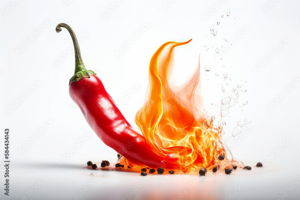 Red hot chili pepper with fire flames and black pepper on white ...