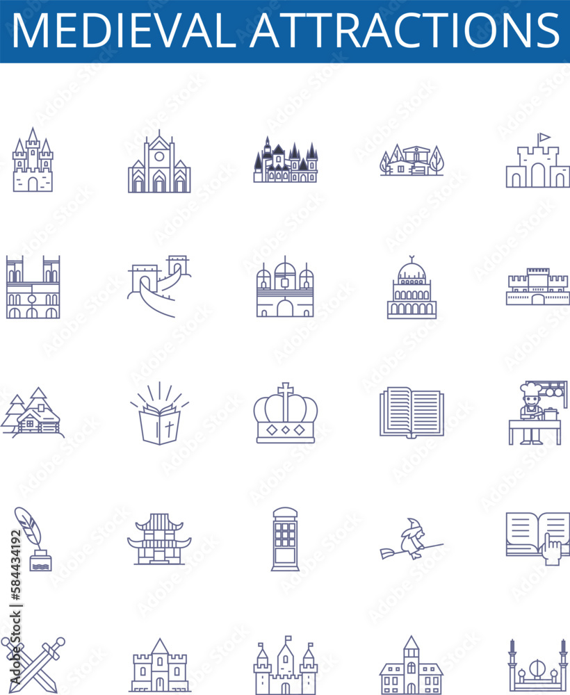 Medieval attractions line icons signs set. Design collection of Castles ...