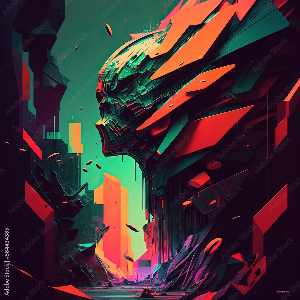 Abstract cyberpunk theme with hostile technology in a night city ...