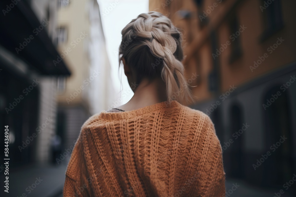 a woman with a braid in her hair walking down the street in a sweater ...