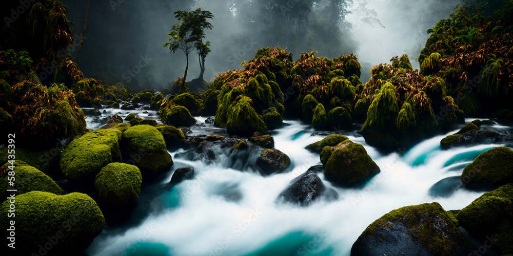 Tropical rainforest jungle view with a raging river. Generative AI ...