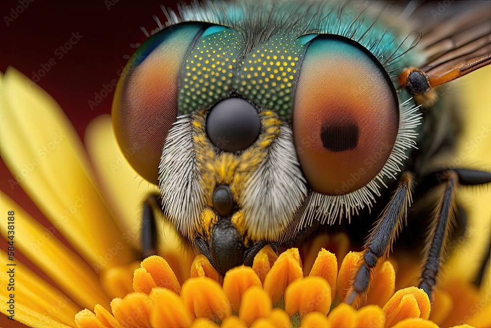 A detailed macro photograph of a housefly's compound eye, with its ...