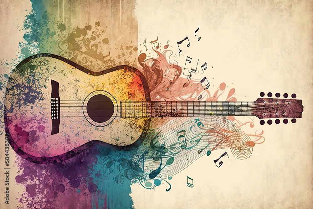 A close-up photo of a guitar's fretboard with colorful pastel music ...