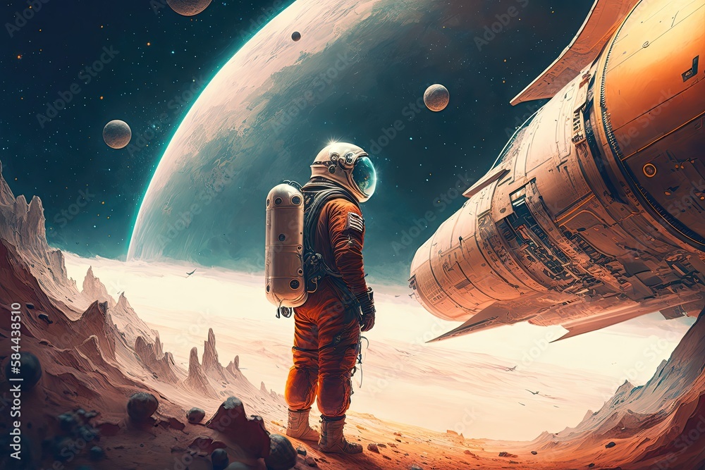 An illustration of a spaceship in outer space, with stars and nebulas ...