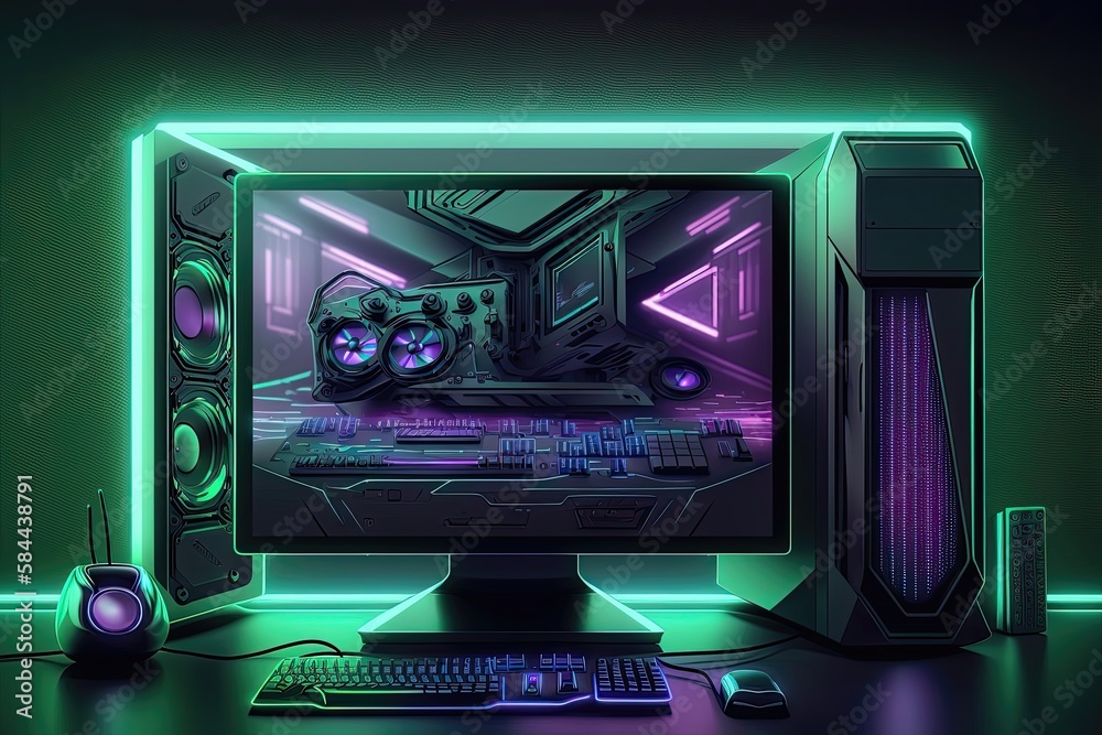 A streamer sitting in front of a computer with a microphone and headset ...