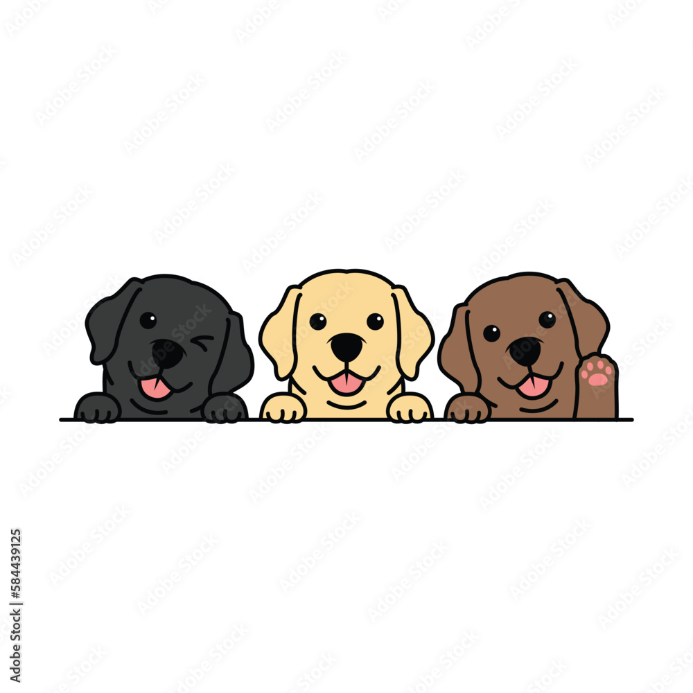 Vetor de Cute labrador retriever puppy three different colors cartoon ...