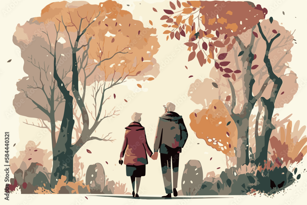 Old couple walking together in a park. Elderly love. Vector art of ...