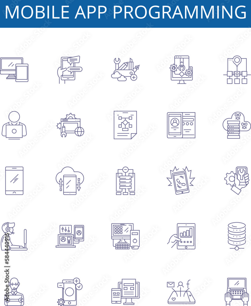 Mobile app programming line icons signs set. Design collection of Programming, Mobile, Apps ...