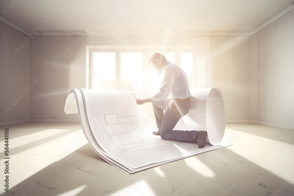 Architect-engineer bent over blueprints opposite window in sunlight ...