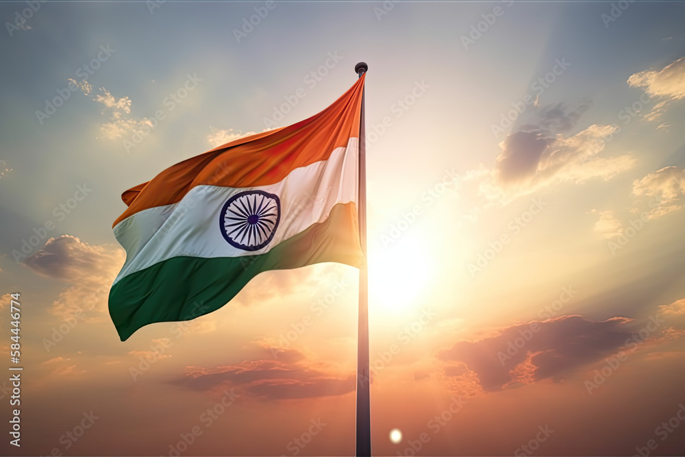 Close up waving flag of India on background of sunset sky. Flag symbols ...