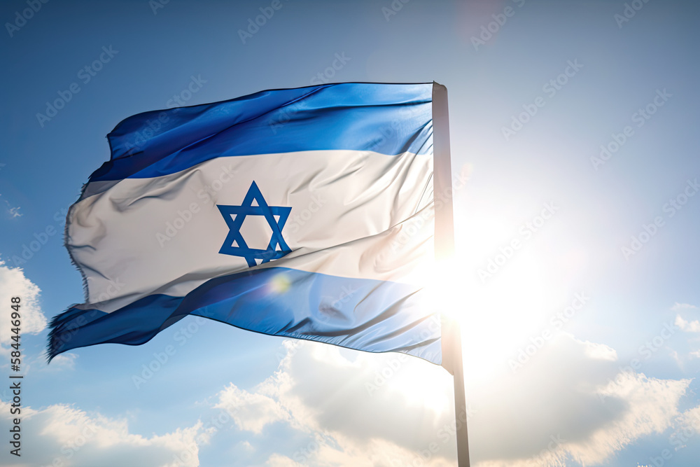 Close up waving flag of Israel on background of sunset sky. Flag ...