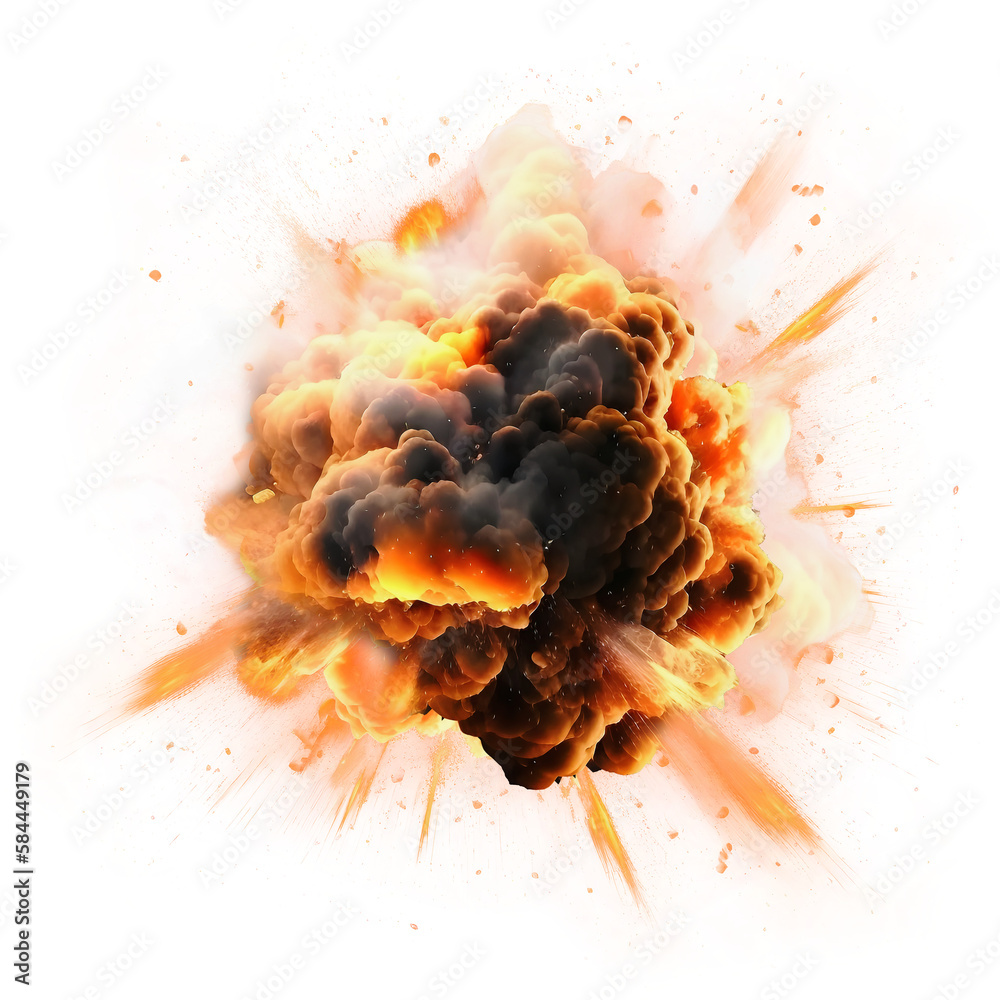 Realistic fiery explosion with sparks. Large fireball with black smoke ...